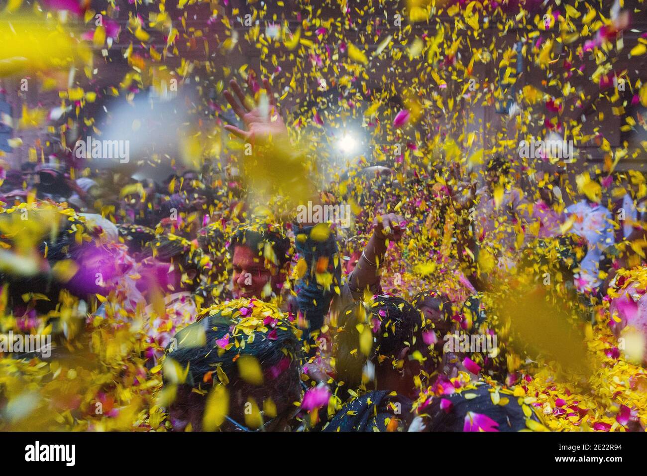 Devotees celebrate Phoolon Wali Holi, a holi with flower petals held at ...