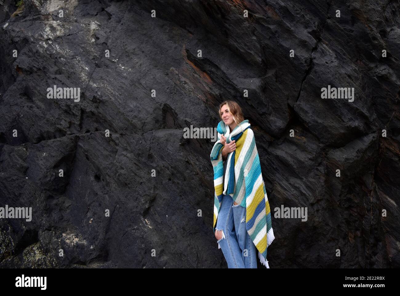 Girl on a beach in Cornwall Stock Photo - Alamy