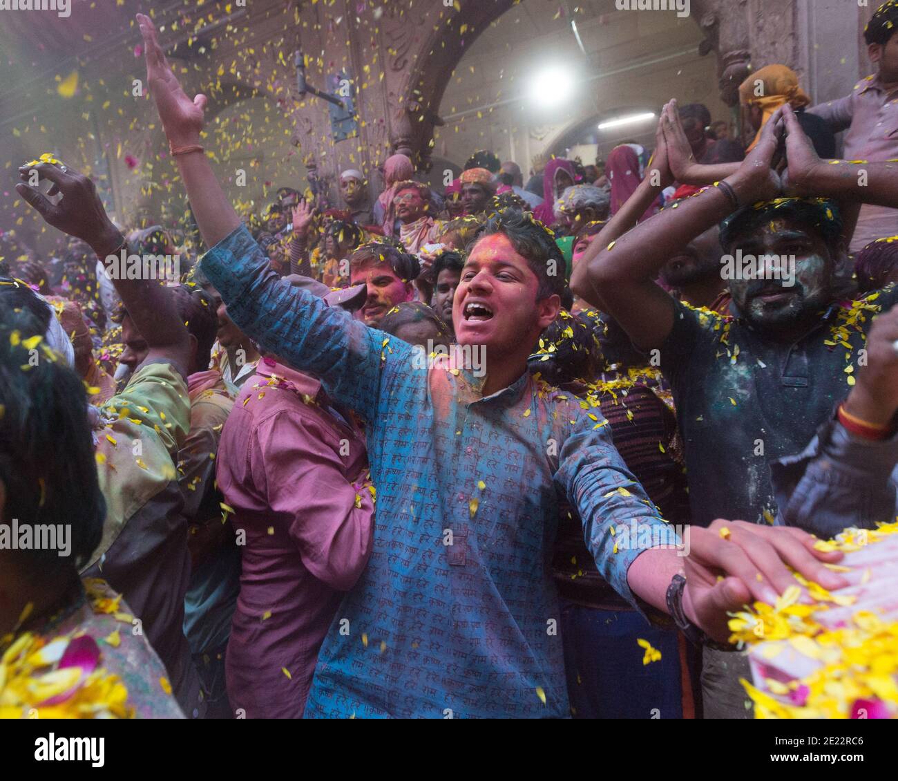 Devotees celebrate Phoolon Wali Holi, a holi with flower petals held at ...