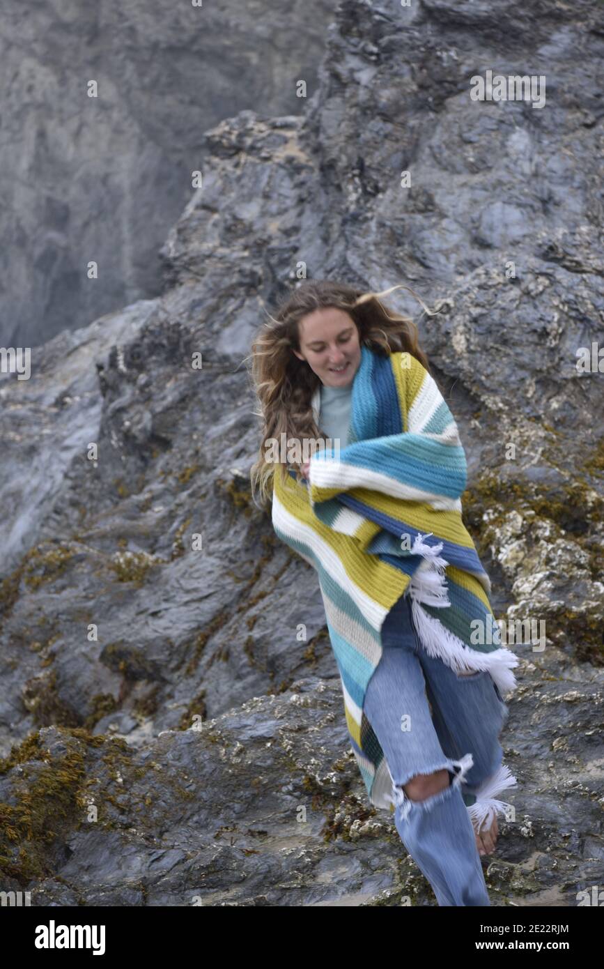 Girl on a beach in Cornwall Stock Photo - Alamy