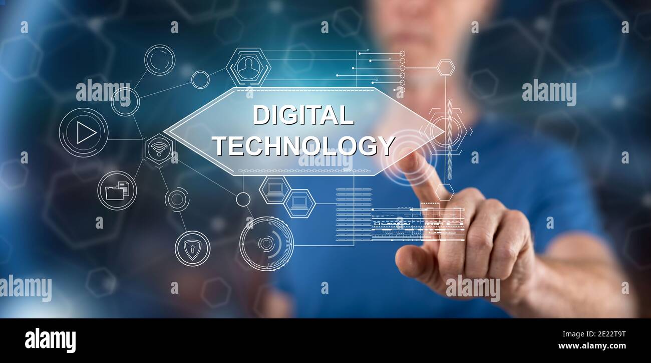 Man touching a digital technology concept on a touch screen with his ...