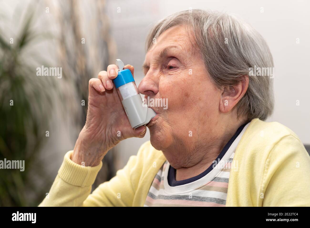 Elderly woman using an asthma inhaler Stock Photo - Alamy