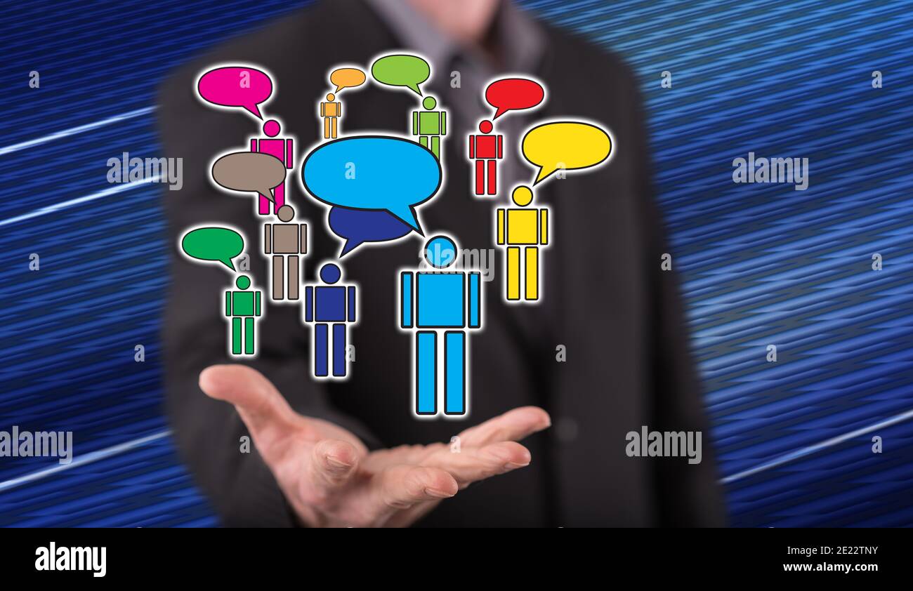 Communication concept above the hand of a man in background Stock Photo ...