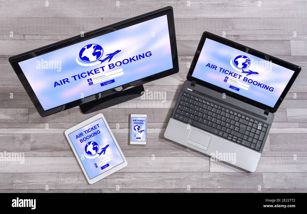 Air ticket booking concept shown on different information technology ...