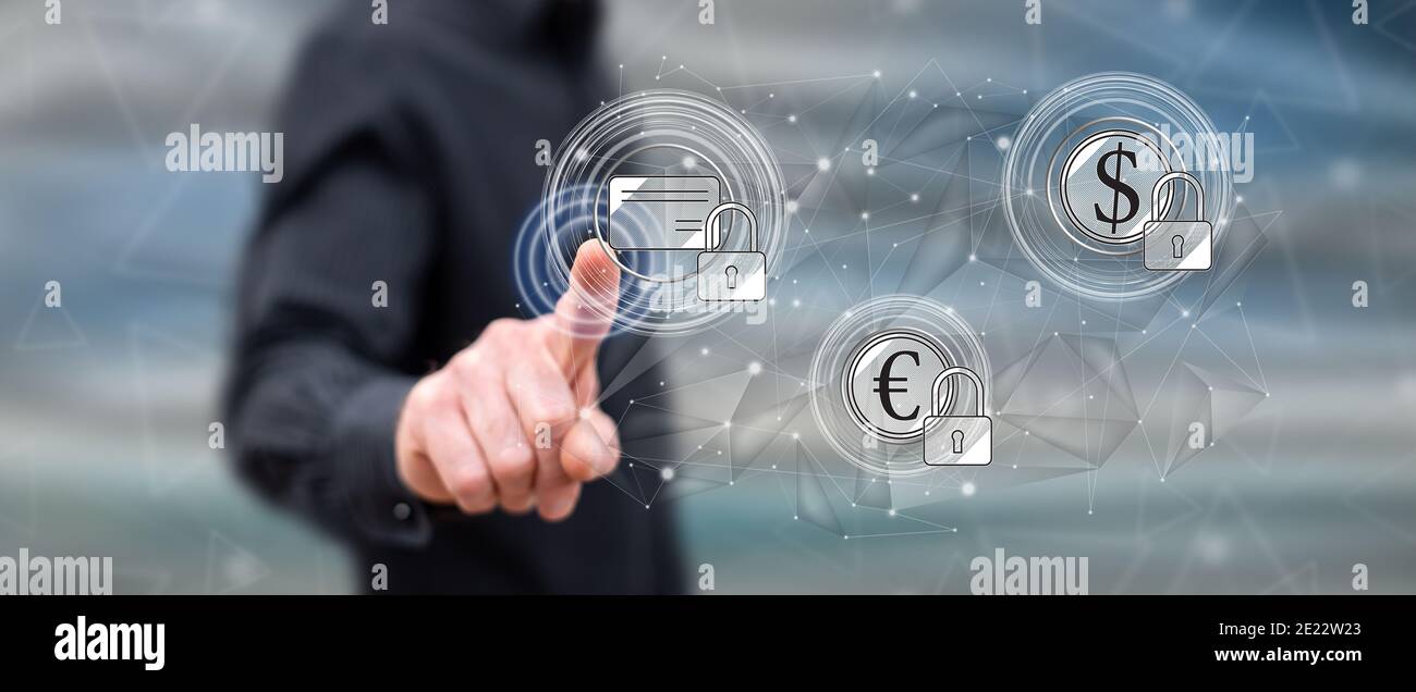 Man touching a payment security concept on a touch screen with his ...