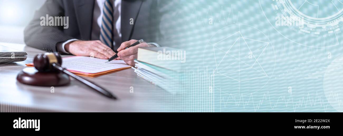 Lawyer working on legal document; panoramic banner Stock Photo - Alamy
