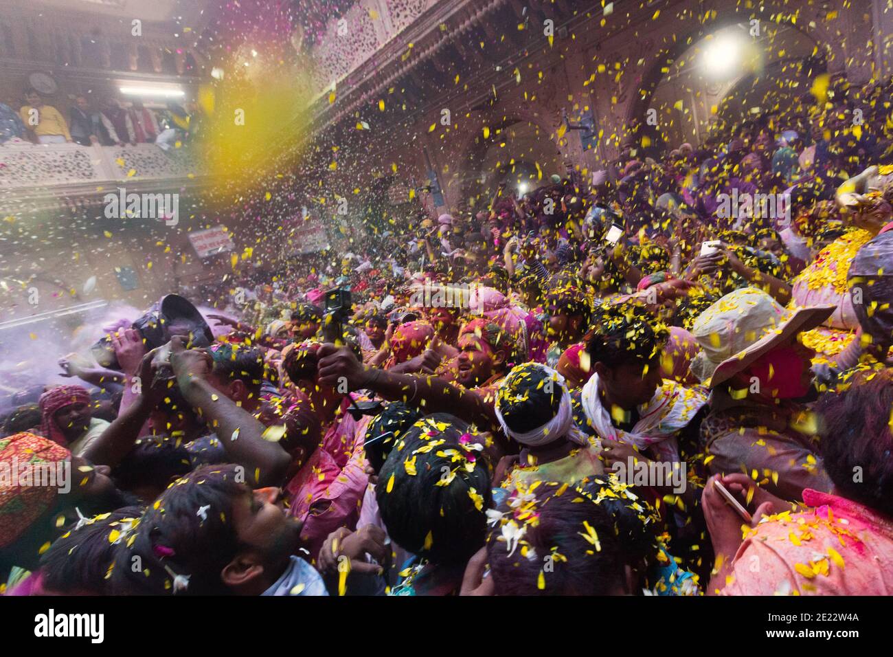 Devotees celebrate Phoolon Wali Holi, a holi with flower petals held at ...