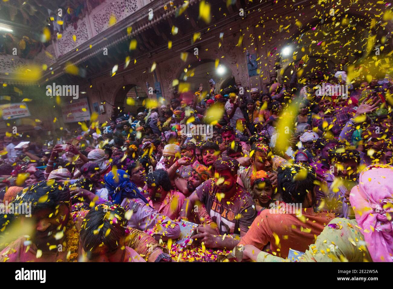 Devotees celebrate Phoolon Wali Holi, a holi with flower petals held at ...