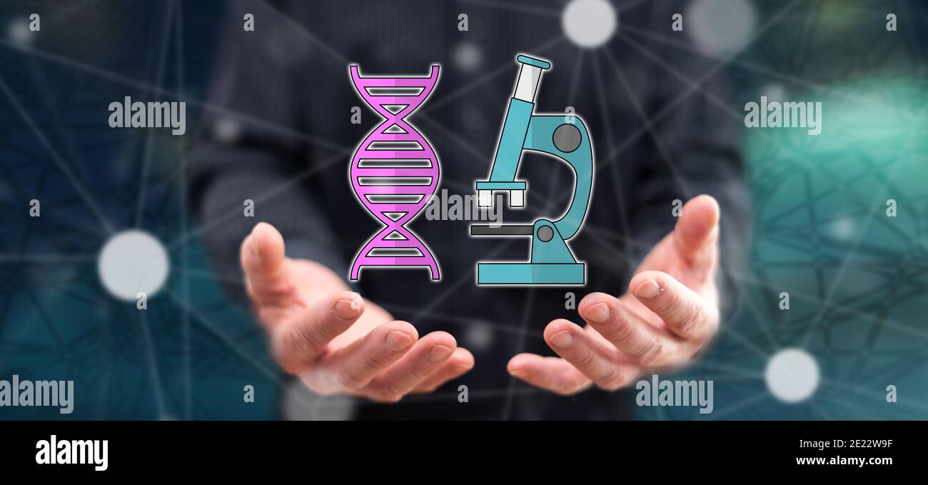 Dna technology concept above the hands of a man in background Stock ...