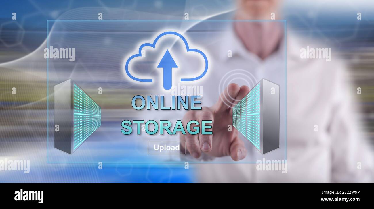 Man touching an online storage concept on a touch screen with his ...