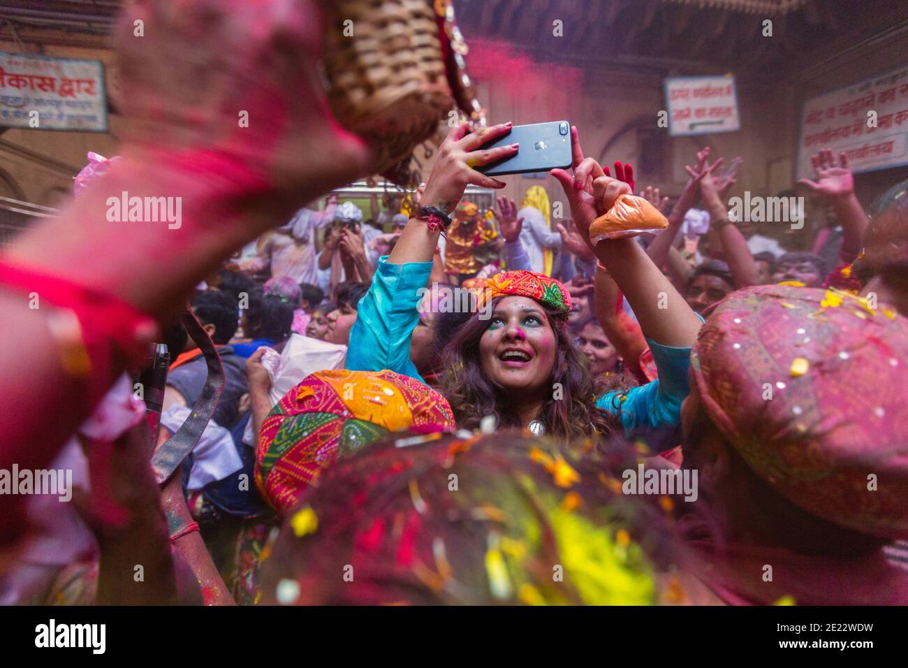 Devotees celebrate Phoolon Wali Holi, a holi with flower petals held at ...