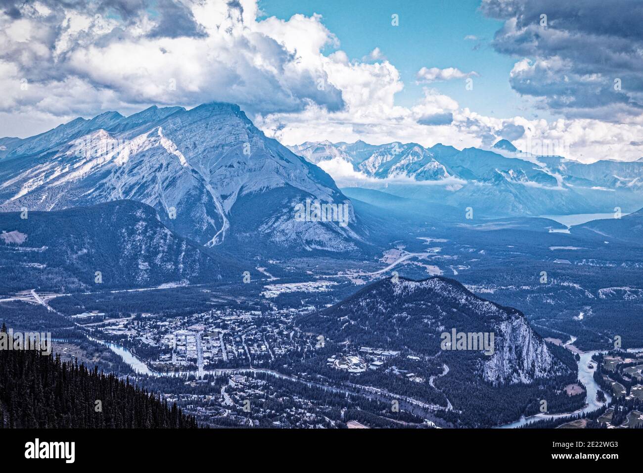 Aerial view over Banff Town from Sulphur Mountain - Banff National Park ...