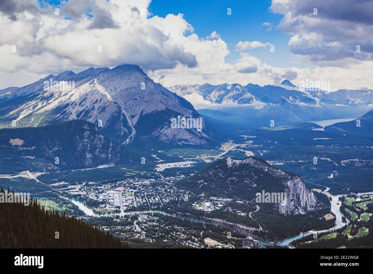 Aerial view over Banff Town from Sulphur Mountain - Banff National Park ...