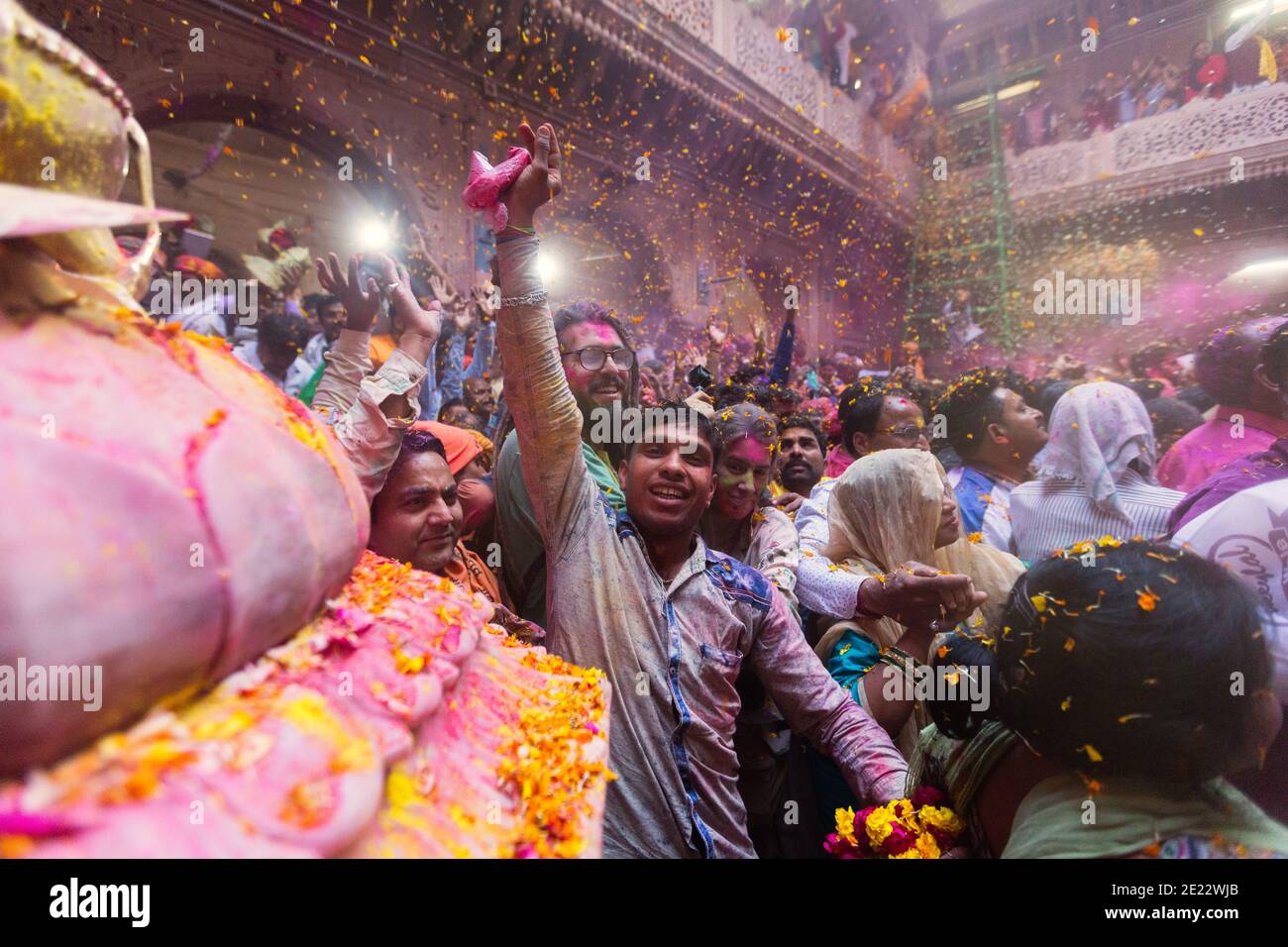 Devotees celebrate Phoolon Wali Holi, a holi with flower petals held at ...