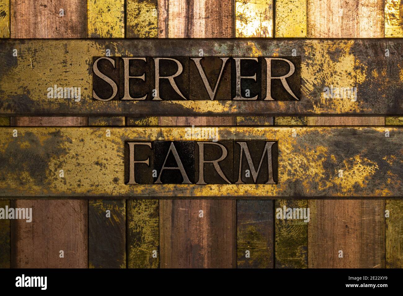 Server Farm text on textured grunge copper and vintage gold background ...