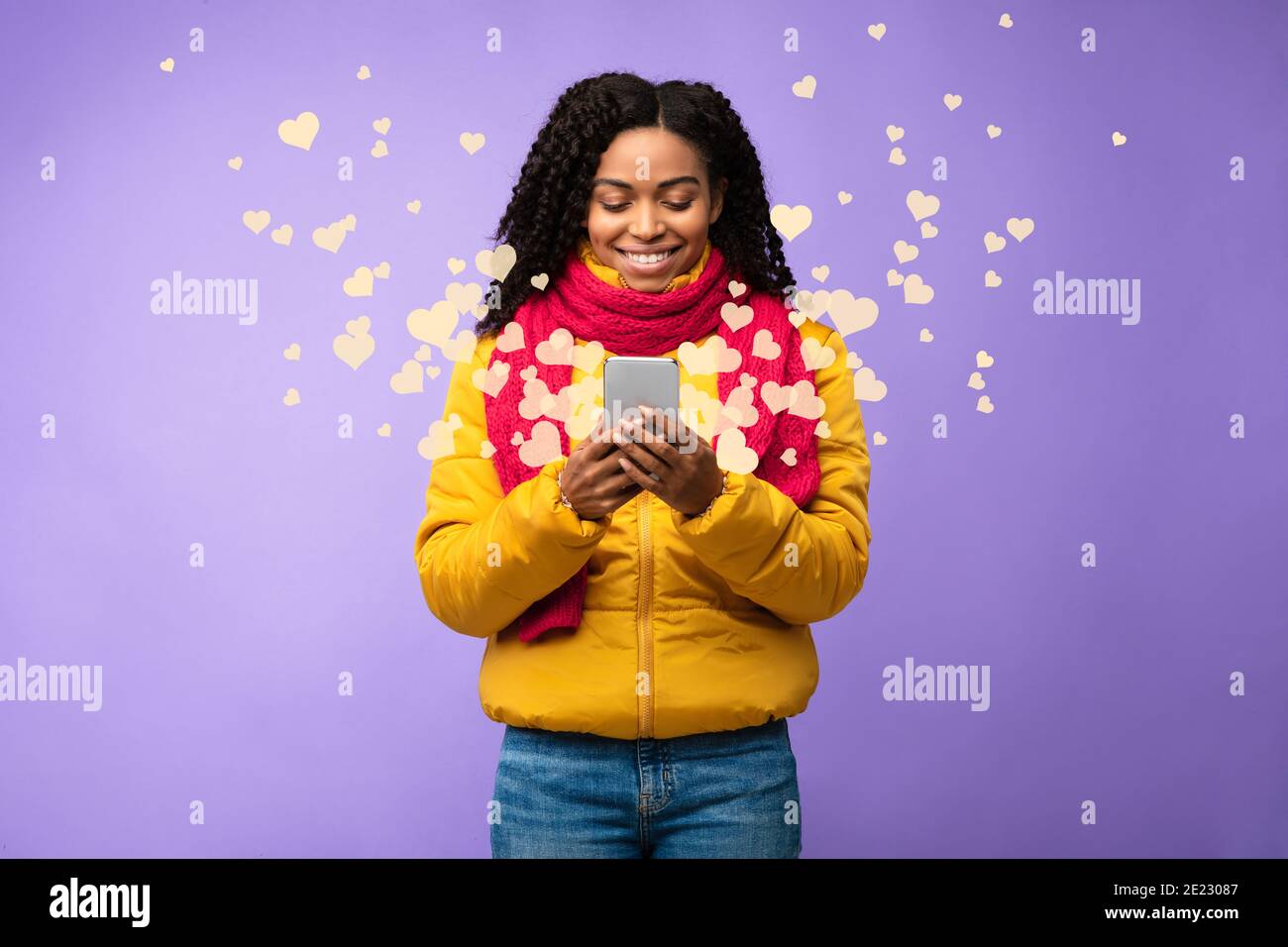 Black Lady Texting On Cellphone With Like Buttons, Purple Background ...