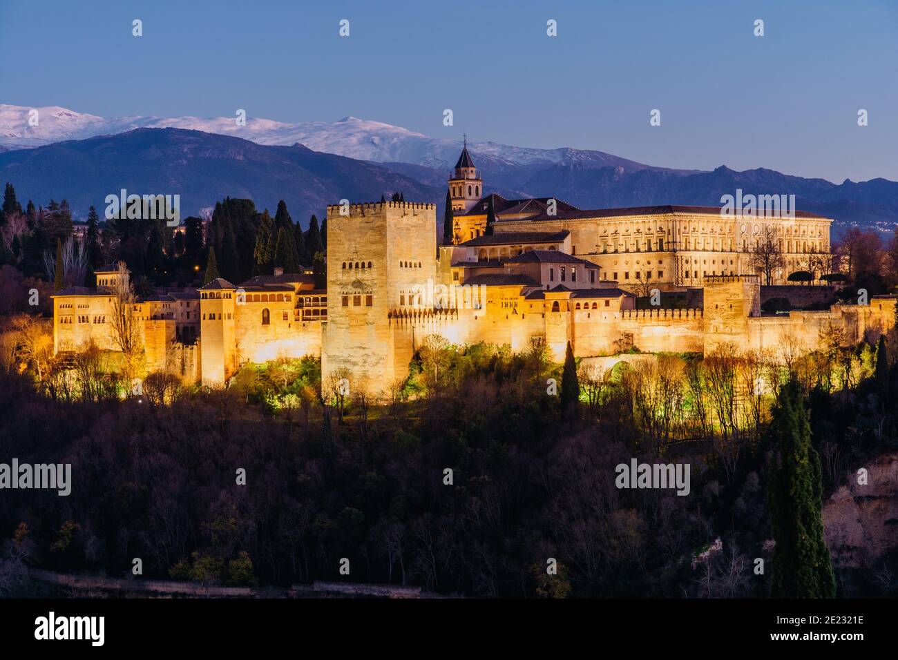Alhambra palace in Granada at night. Ancient fortress, muslim. A little ...
