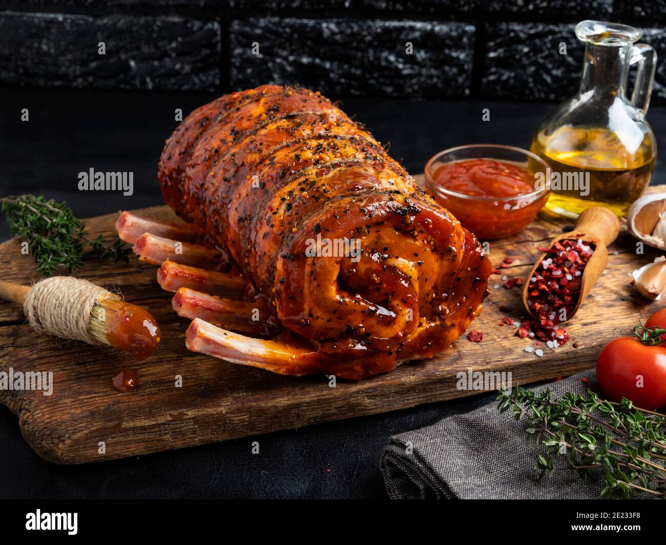 Rolled raw roast beef Rump, pork, lamb, in red marinate, meat roll ...