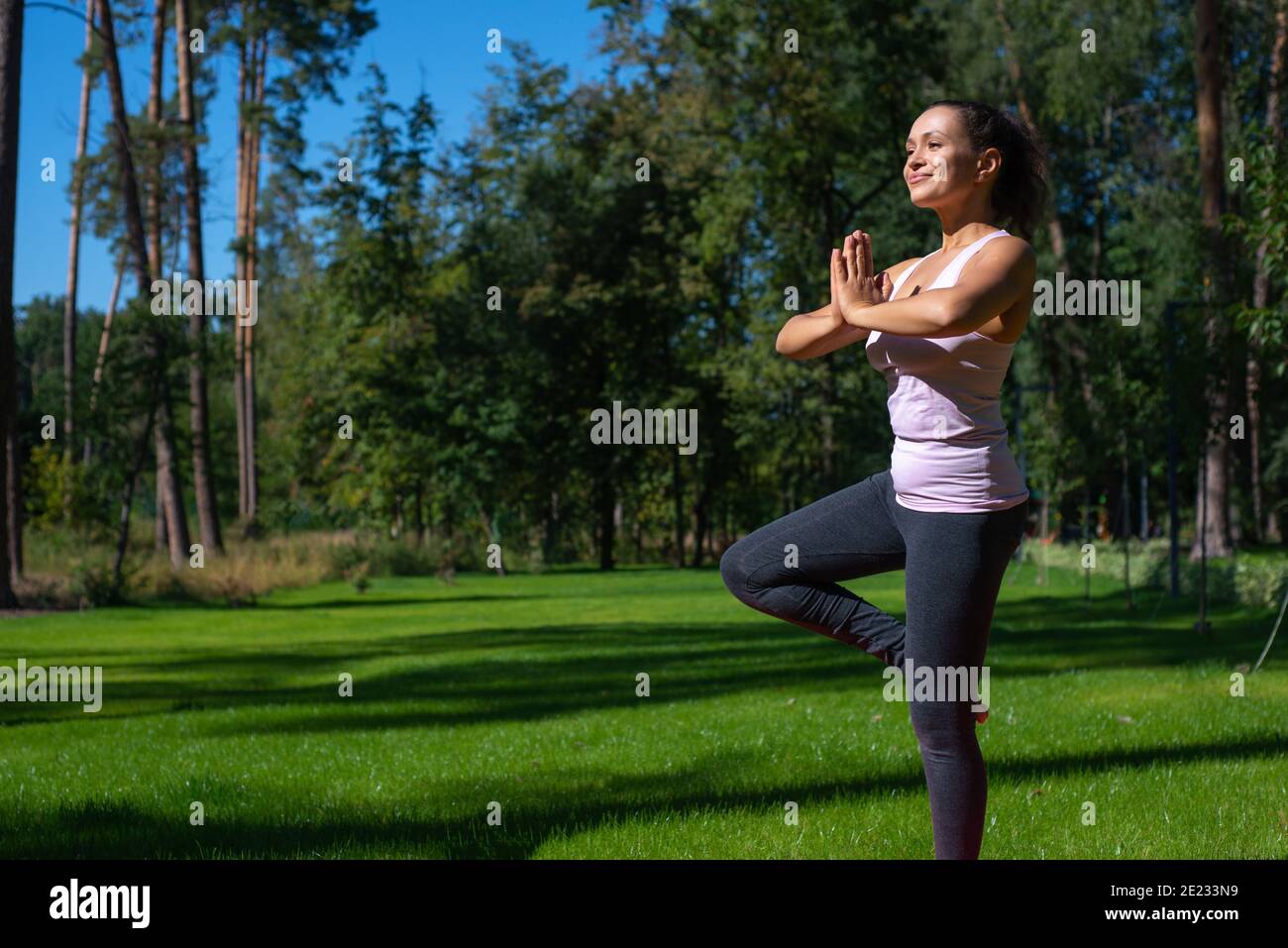 Yoga Balance Vriksha-Asana The Tree Pose. Performing yoga outdoor Stock ...