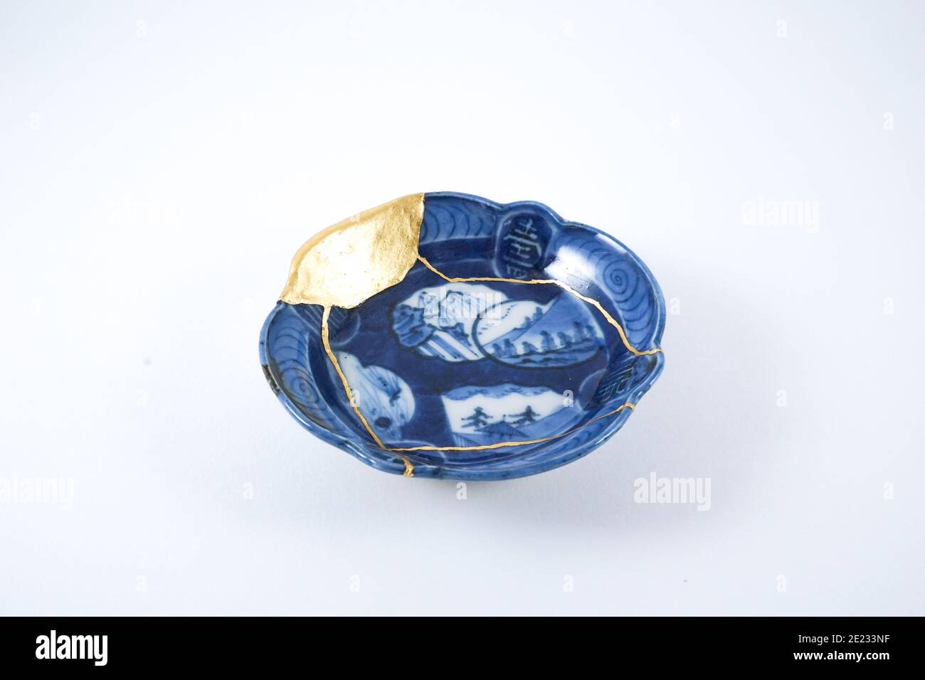 Blue and white antique Kintsugi, Japanese pottery restored with real ...