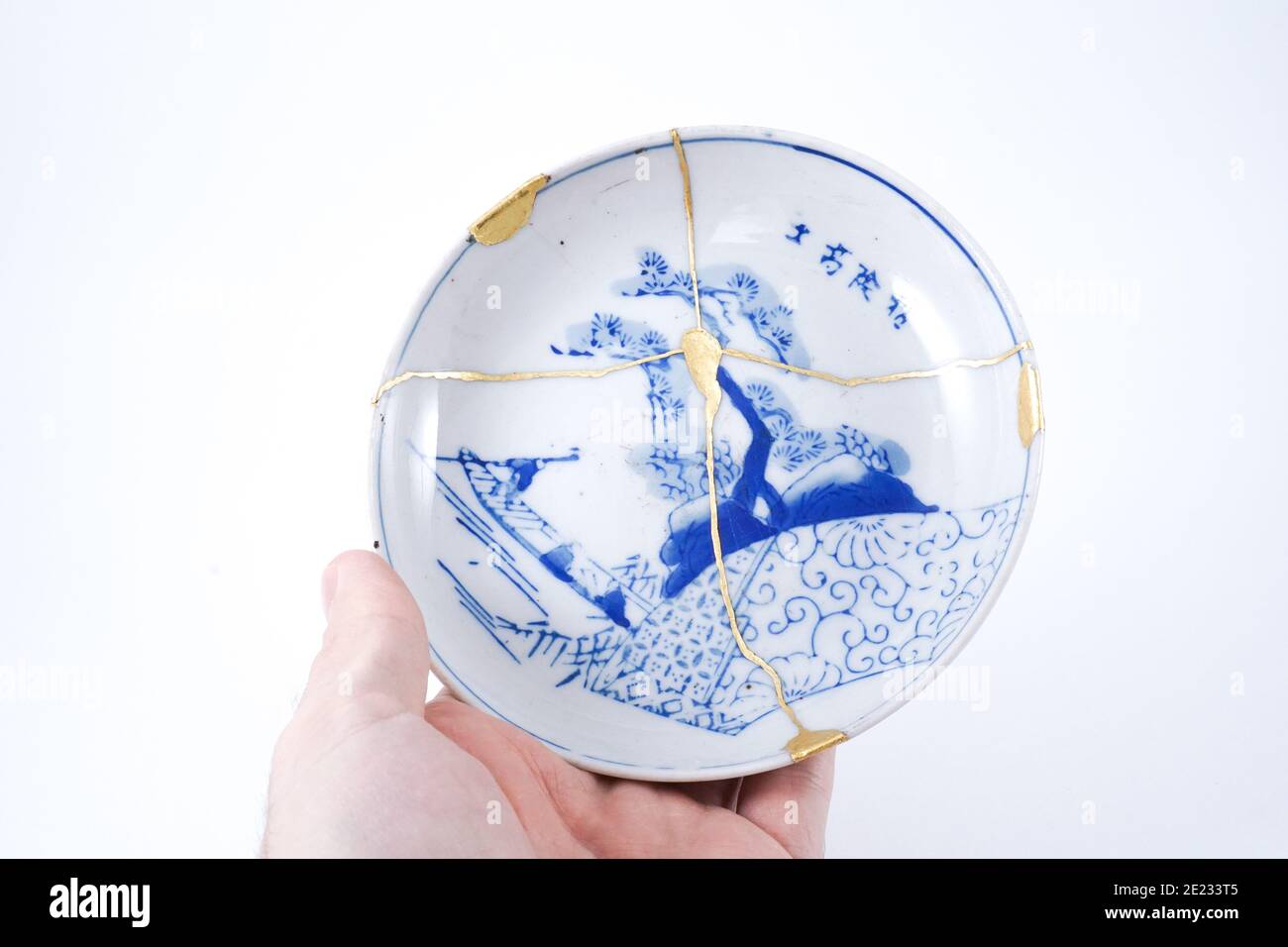 Blue and white antique Kintsugi, Japanese pottery restored with real ...