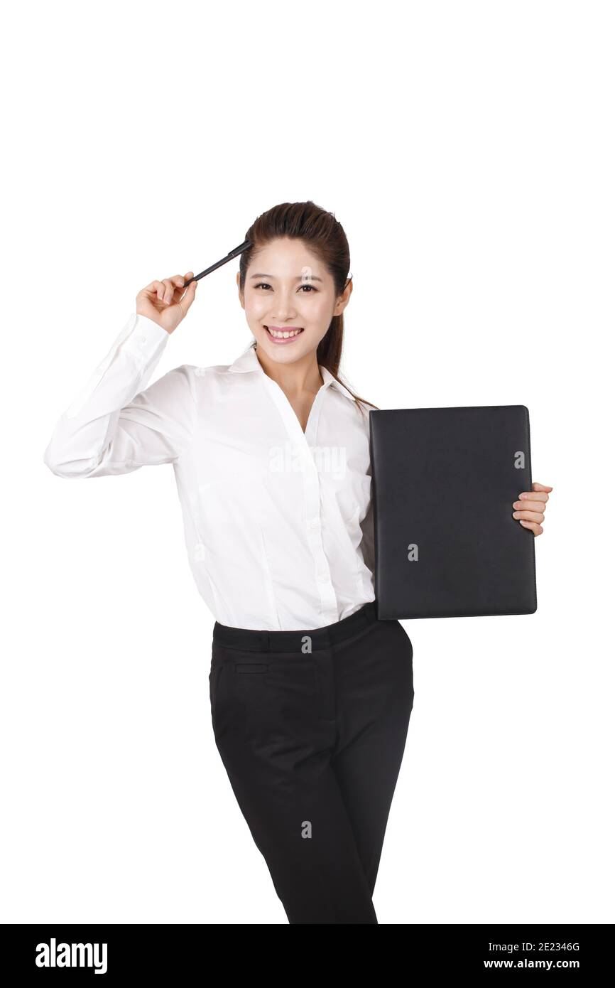 Business woman holding a pen and aportfolio high quality photo Stock ...