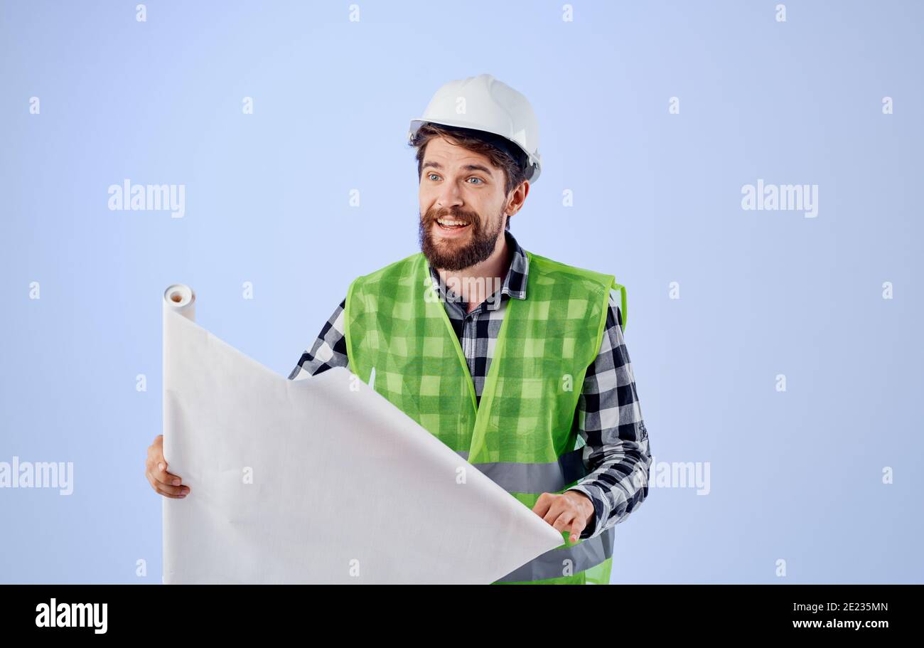 man in construction uniform blueprints professional engineer work blue ...