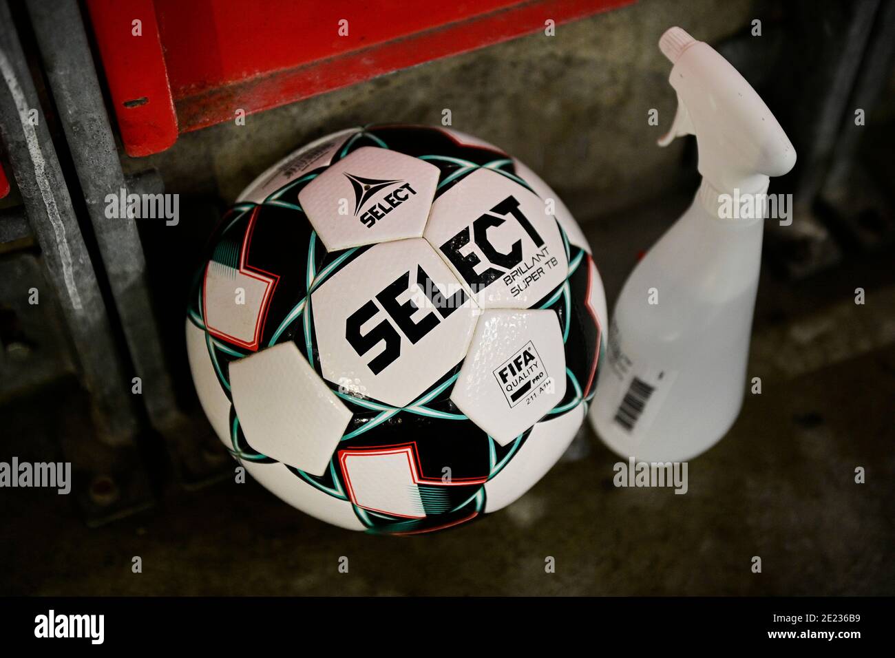 Illustration picture shows the official match ball and a desinfecting ...