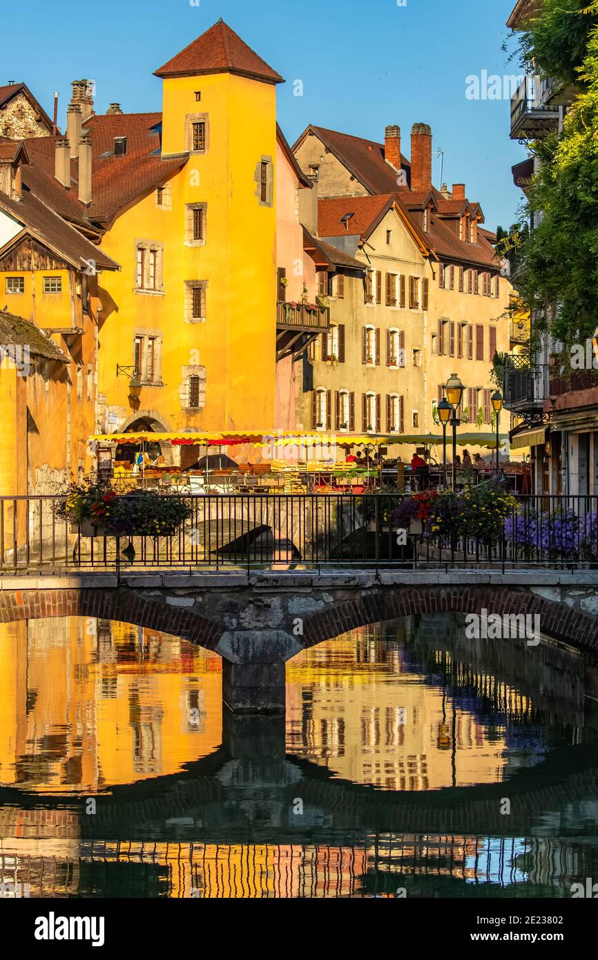 Annecy in France, typical houses in the old center, on the river Stock ...