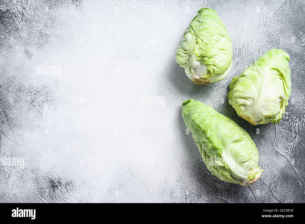 Raw Pointed white cabbage head. White background. Top view. Copy space ...