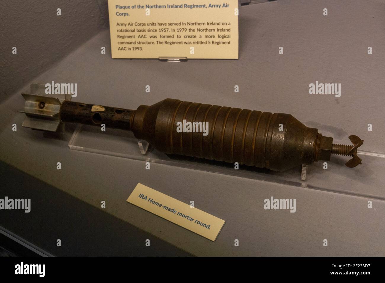 An IRA home-made mortar round on display at the Army Flying Museum, a ...