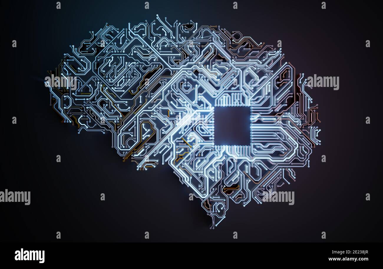 Artificial intelligence concept. Electronic circuit of brain shape. 3D rendered illustration ...