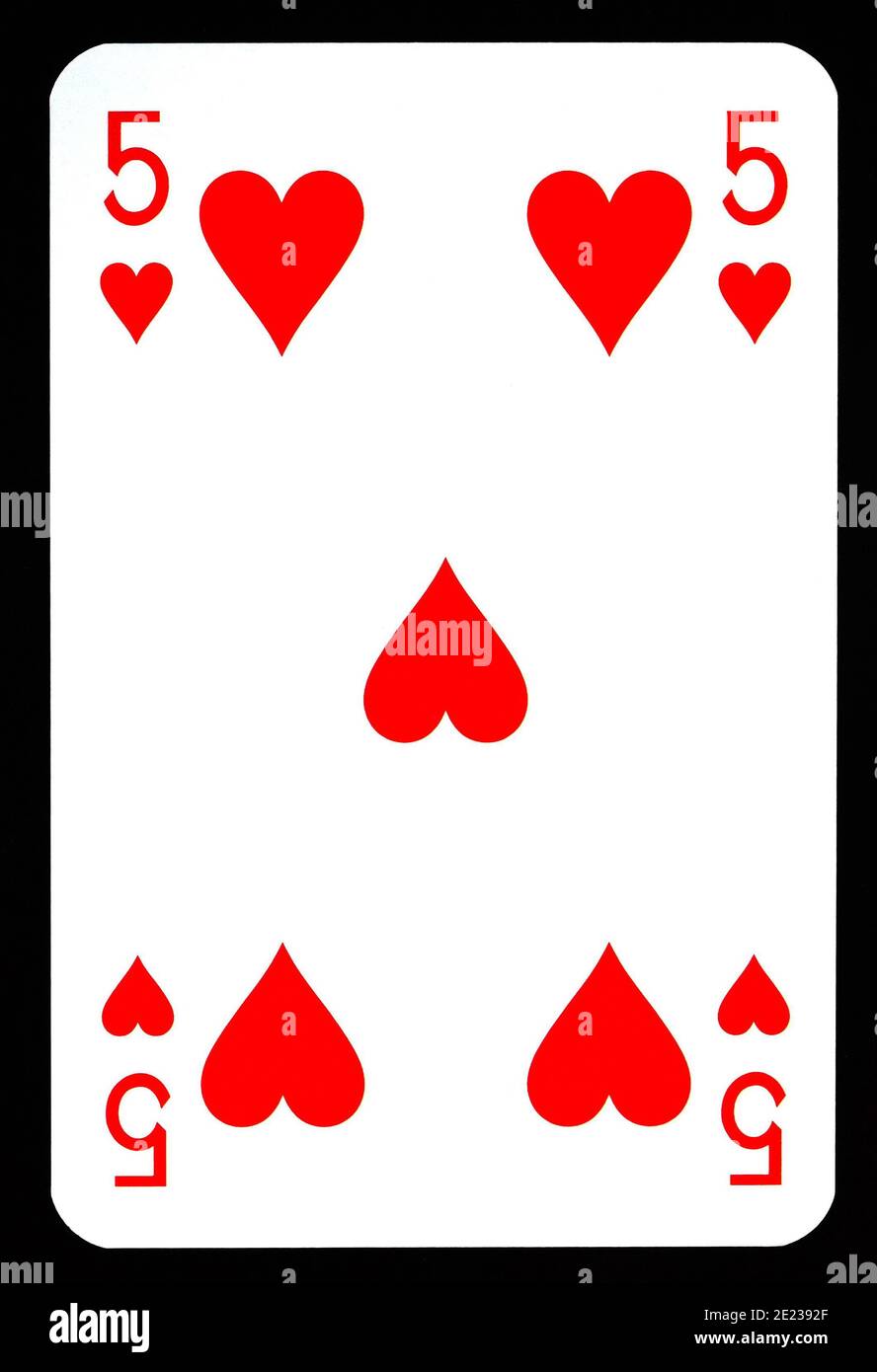 Five of hearts playing card isolated on black Stock Photo - Alamy