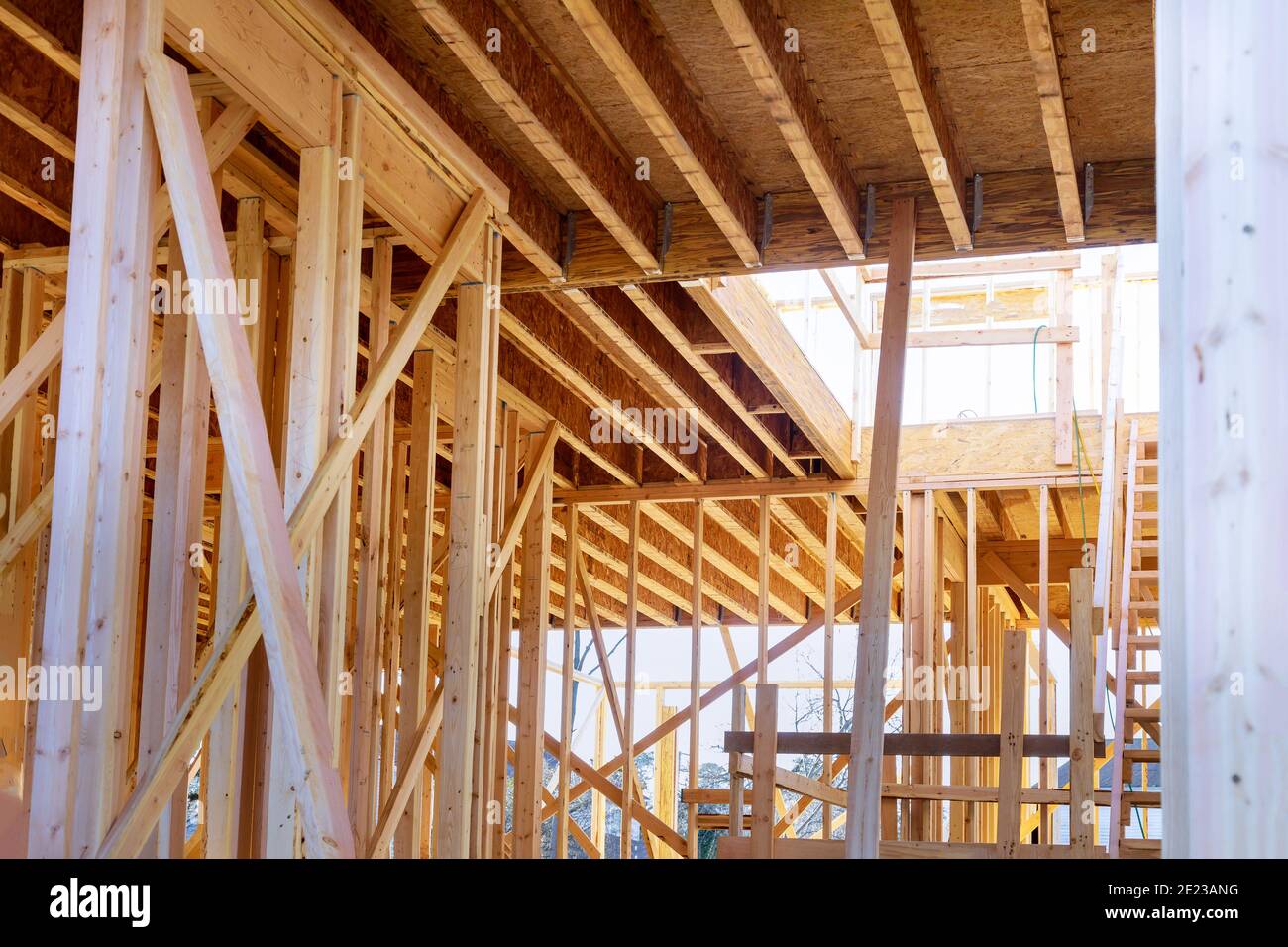 Construction home interior inside a framing on residential beam ...