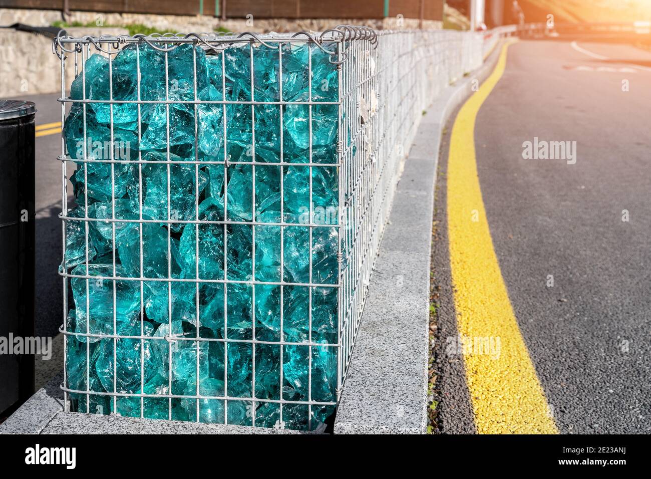 Close-up detail of new modern beautiful gabion fence with metal cage ...