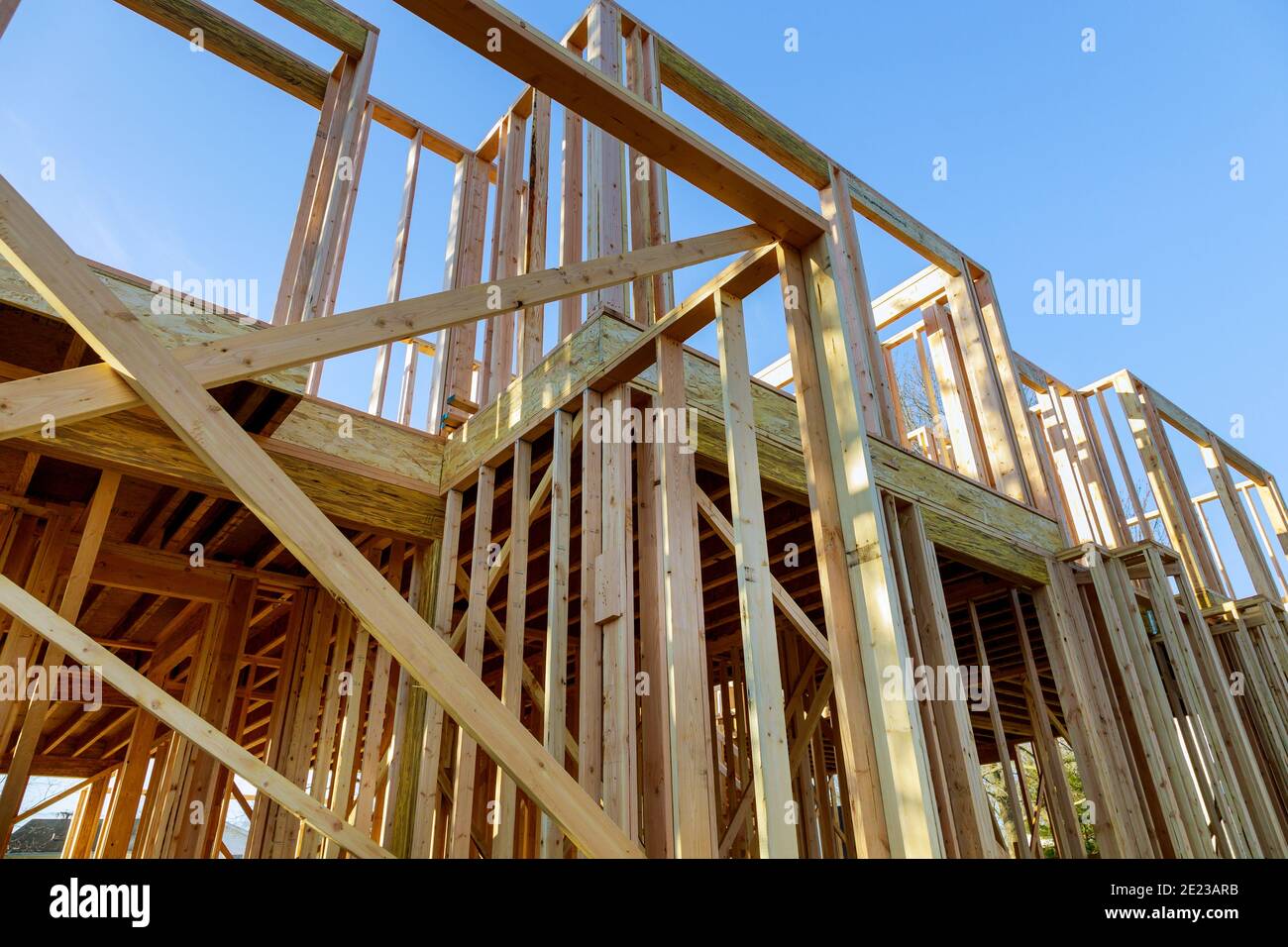 Unfinished of view of a house residential construction wall of framing ...