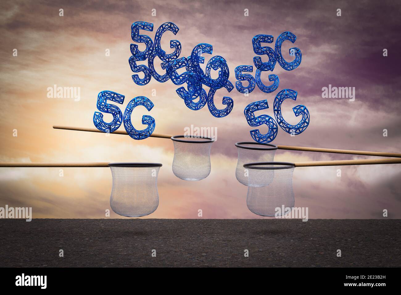 5G letter falling from sky and the nets try to catch them at sunset ...