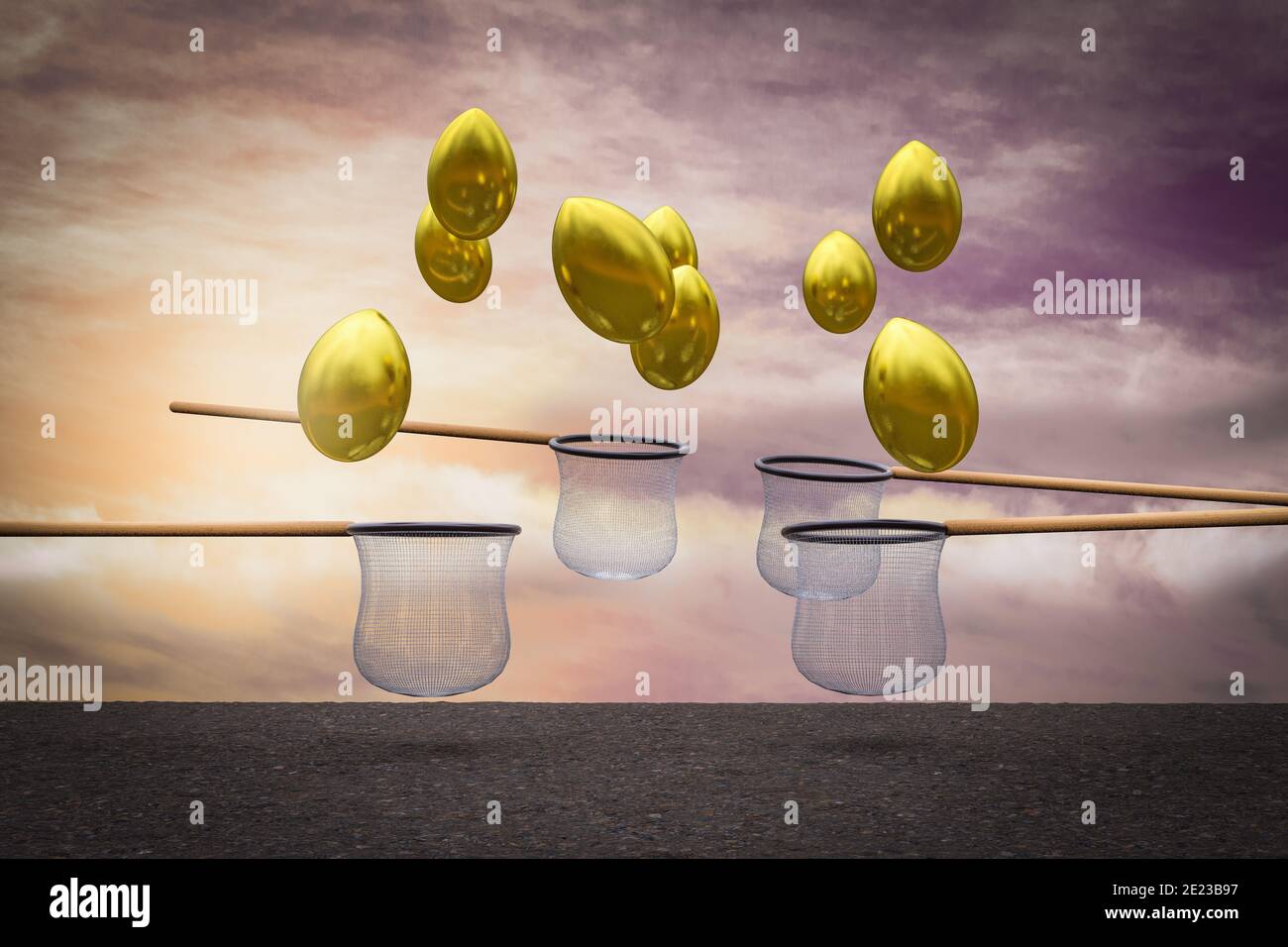 Golden eggs falling from sky and the nets try to catch them at sunset ...