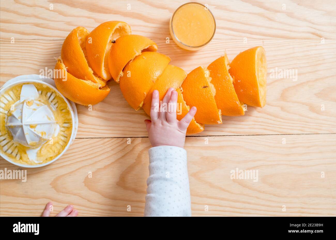 Orange juice freshly squeezed from fresh fruits with a juicer Stock ...