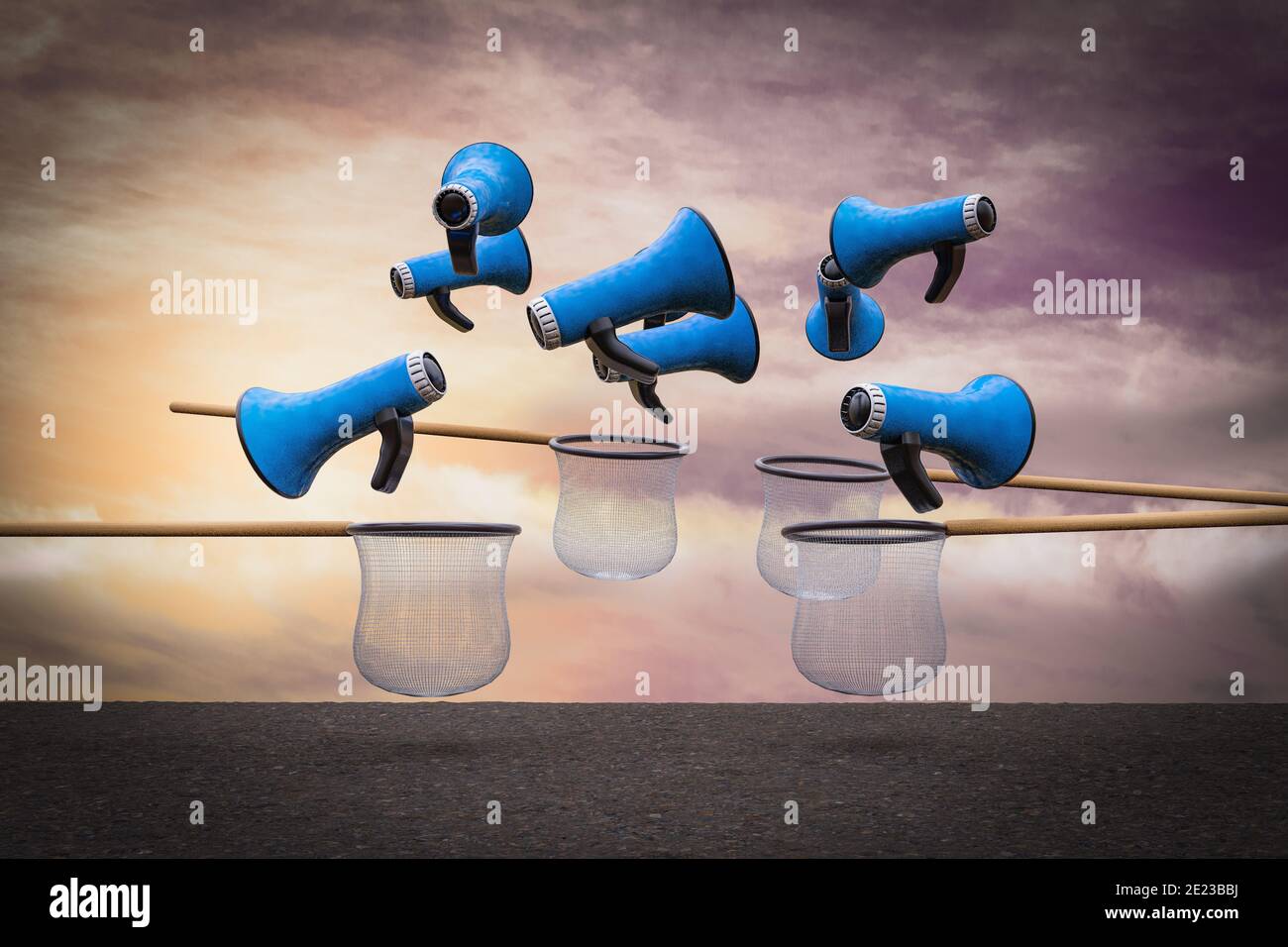 Loudspeakers falling from sky and the nets try to catch them at sunset ...