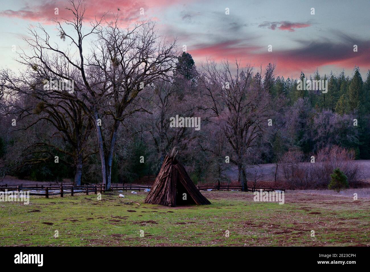 Native American bark house in California, during a beautiful pink ...