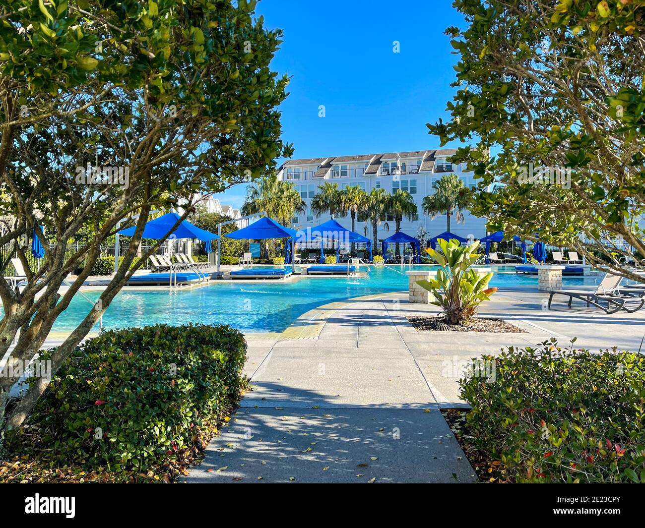 Orlando, FL USA - January 4, 2021: A neighborhood amenity complex pool ...