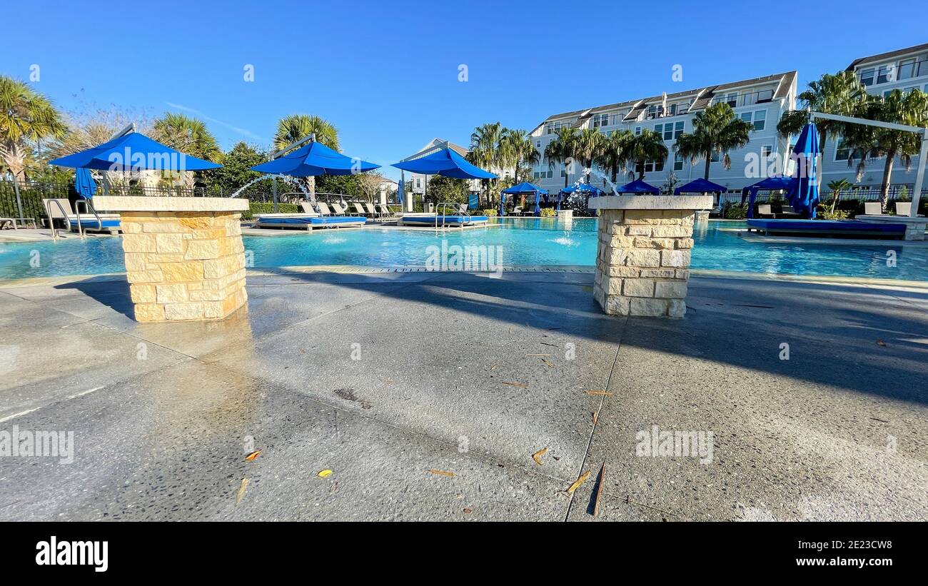 Orlando, FL USA - January 4, 2021: A neighborhood amenity complex pool ...
