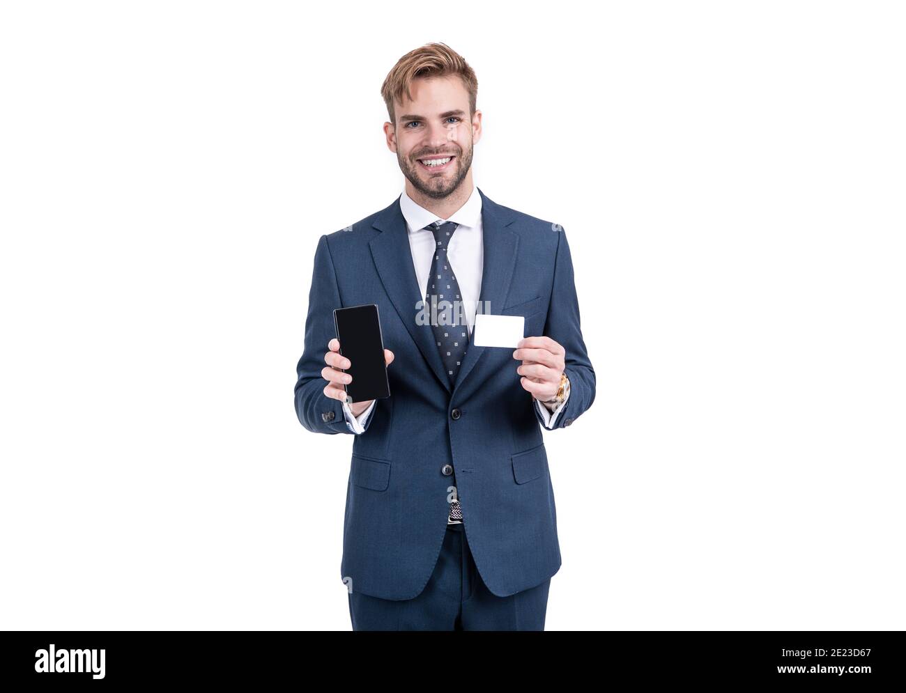Happy smart operator in formal fashion suit hold mobile phone and ...