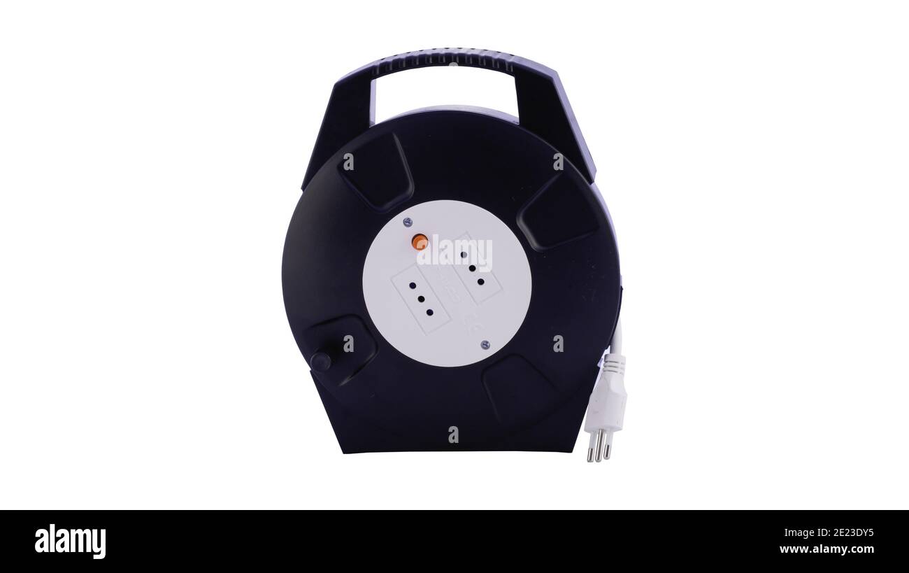 Electric extension reel isolated on a white background Stock Photo - Alamy