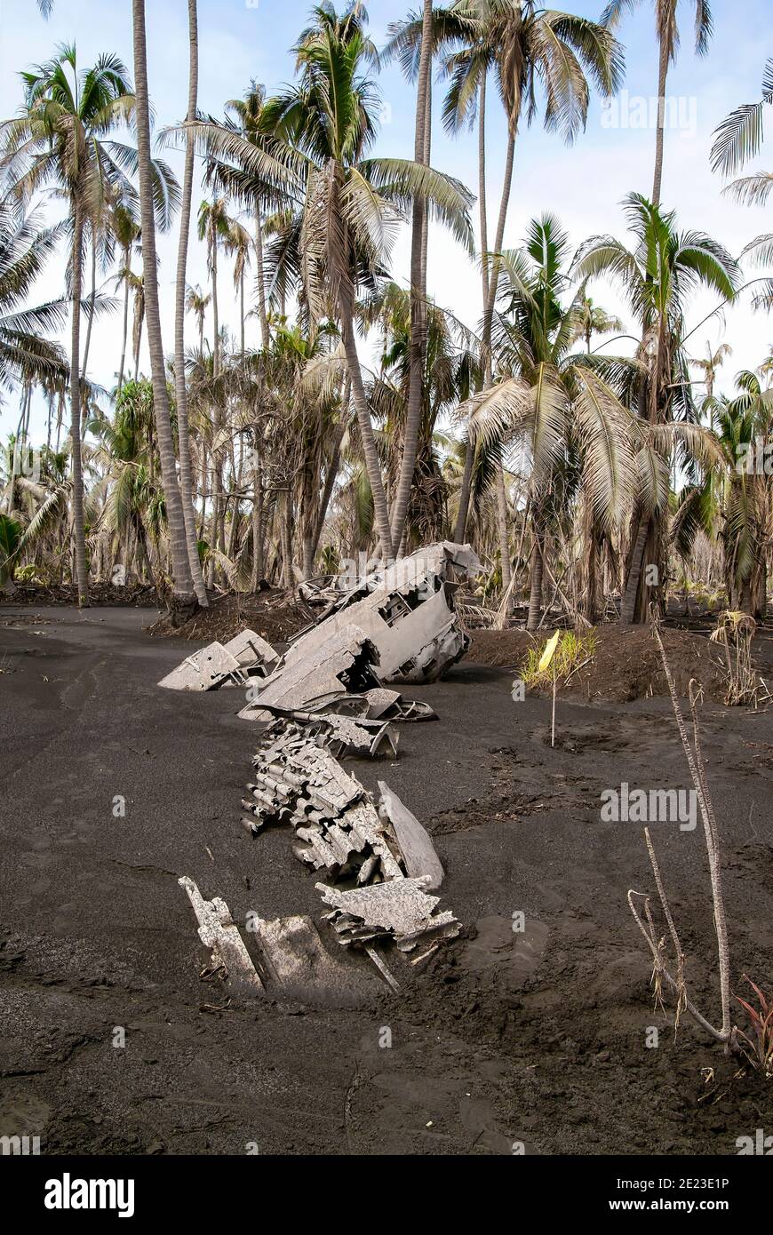 Wreckage of a Japanese World War II fighter airplane buried in ash from ...