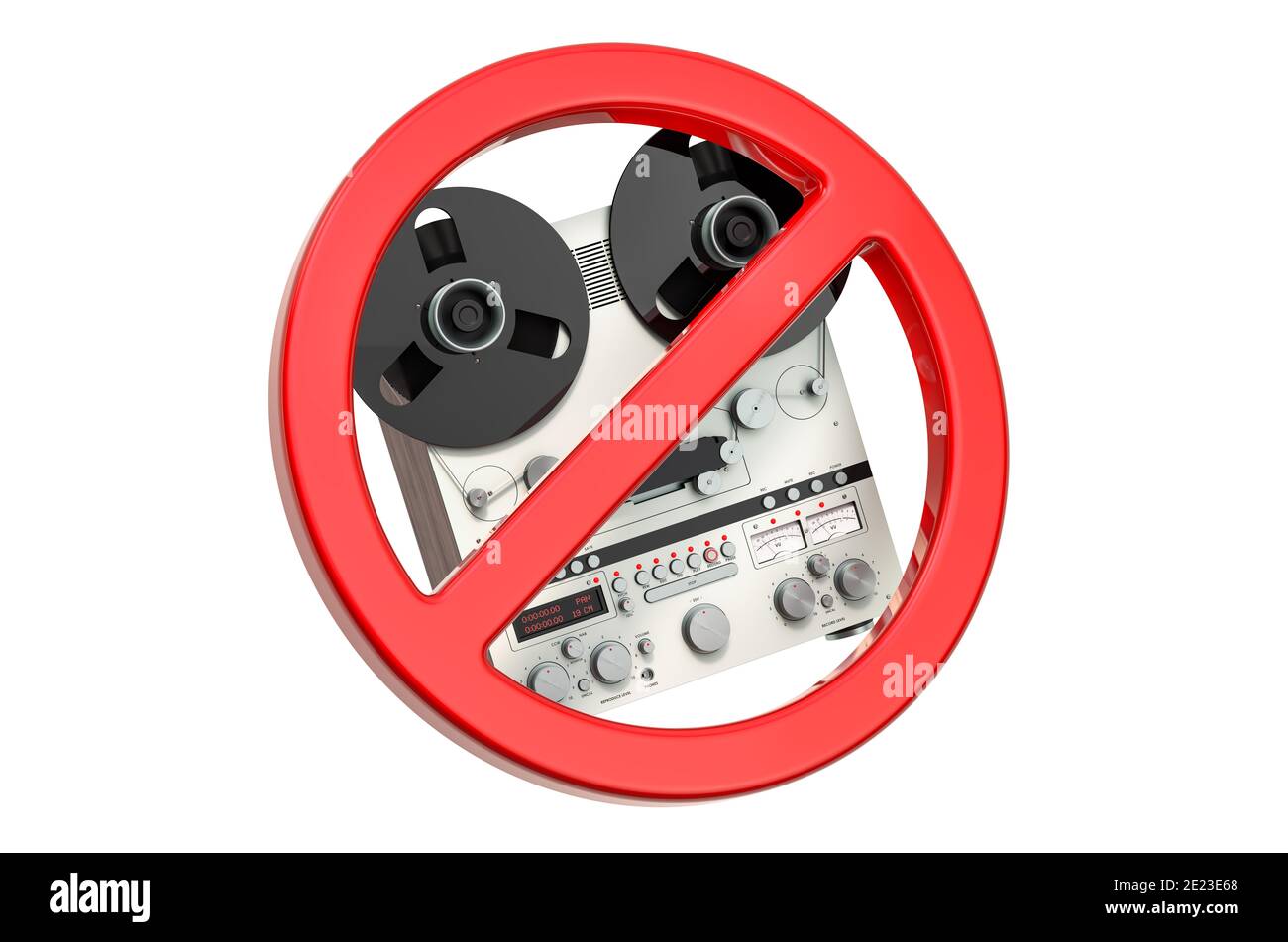 Forbidden sign with reel-to-reel tape recorder. 3D rendering isolated ...