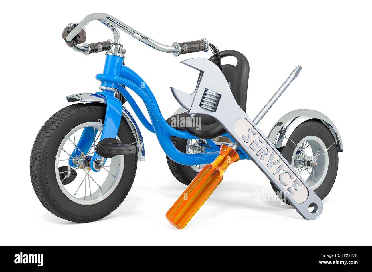 Service and repair of children tricycle, 3D rendering isolated on white ...