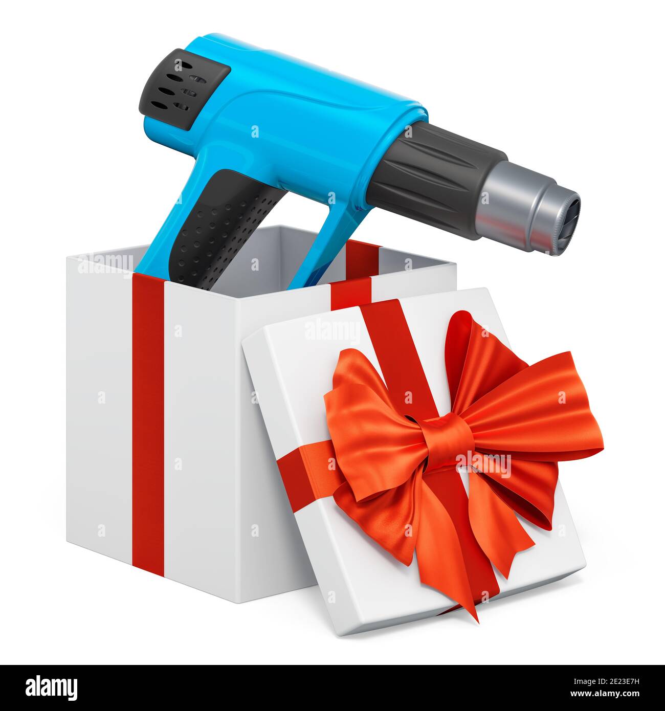 Heat gun inside gift box, present concept. 3D rendering isolated on ...