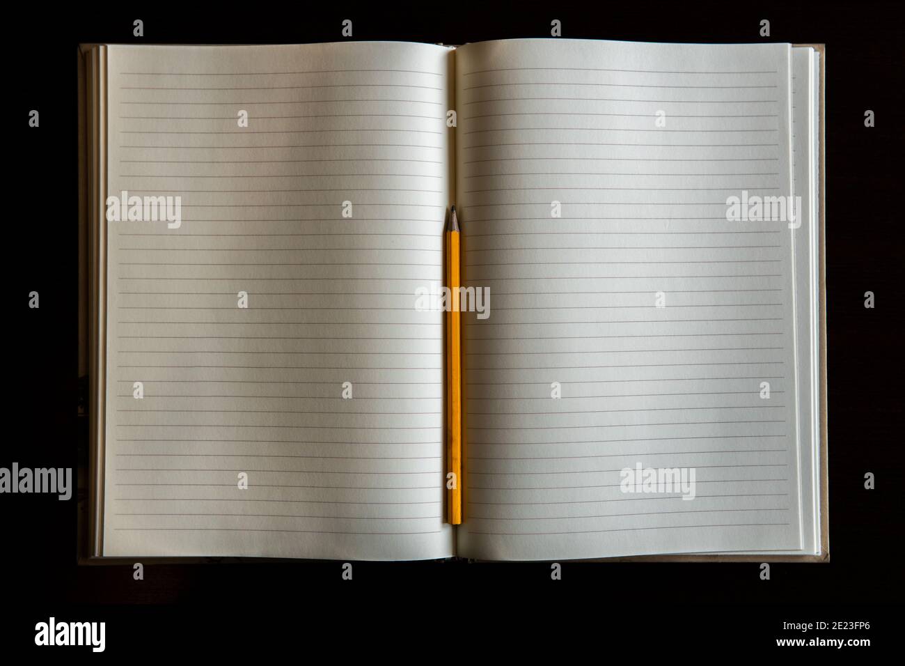 Top view of an open notebook with empty pages and a pencil Stock Photo ...
